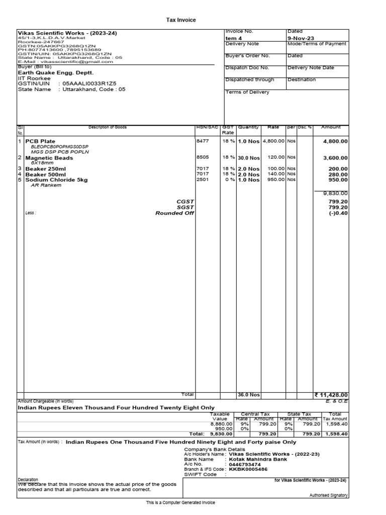 Tax Invoice: Description of Goods Amount Disc. % Per Rate Quantity GST ...