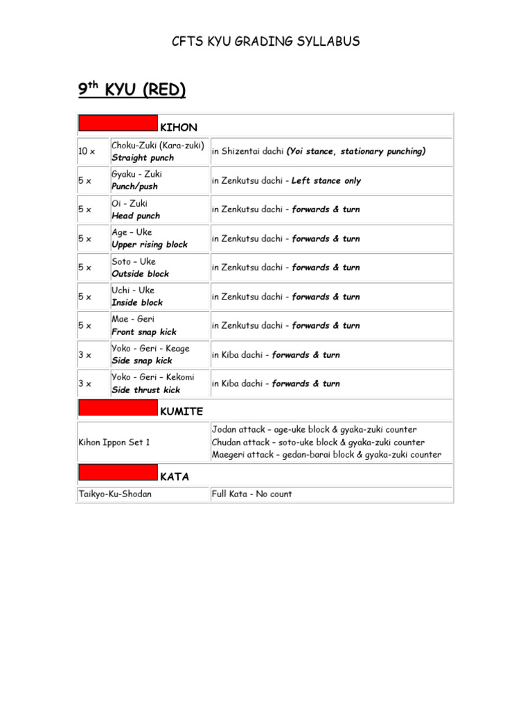 Grading Syllabus 9TH Kyu | PDF