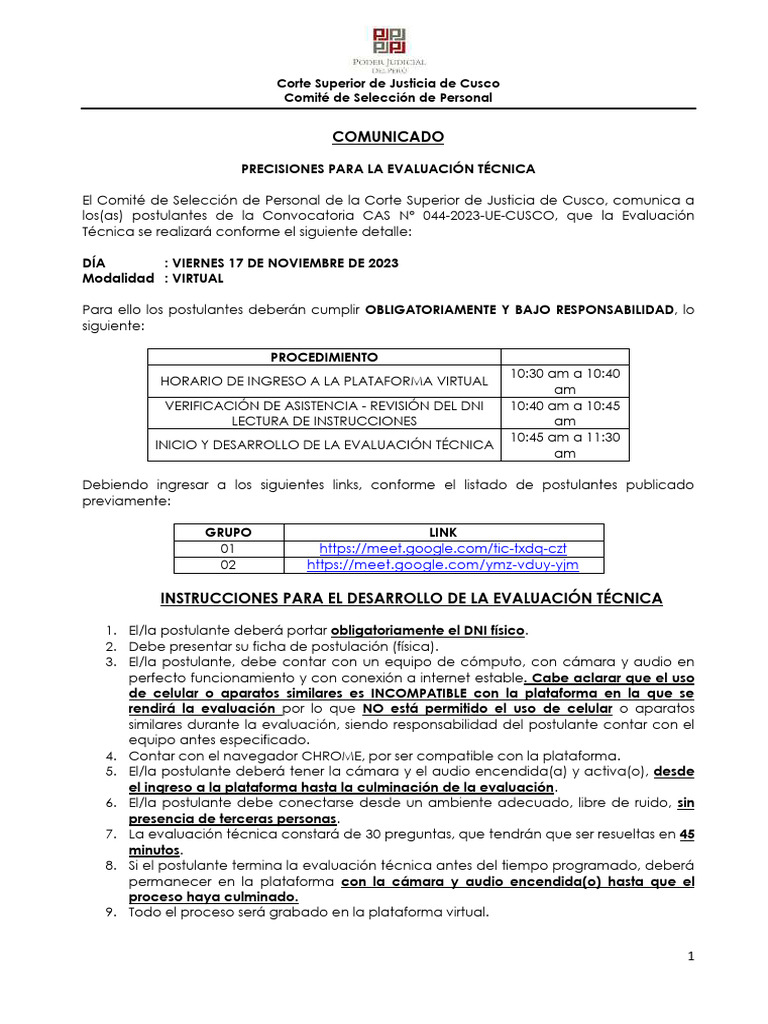 Comunicado Evaluacion Tecnica | PDF