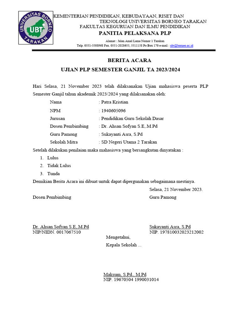 Berita Acara Ujian PLP Ganjil 2023-2024 | PDF