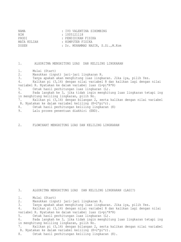 Algoritma Dan Flowchart Dalam Menghitung Luas Dan Keliling Lingkaran | PDF