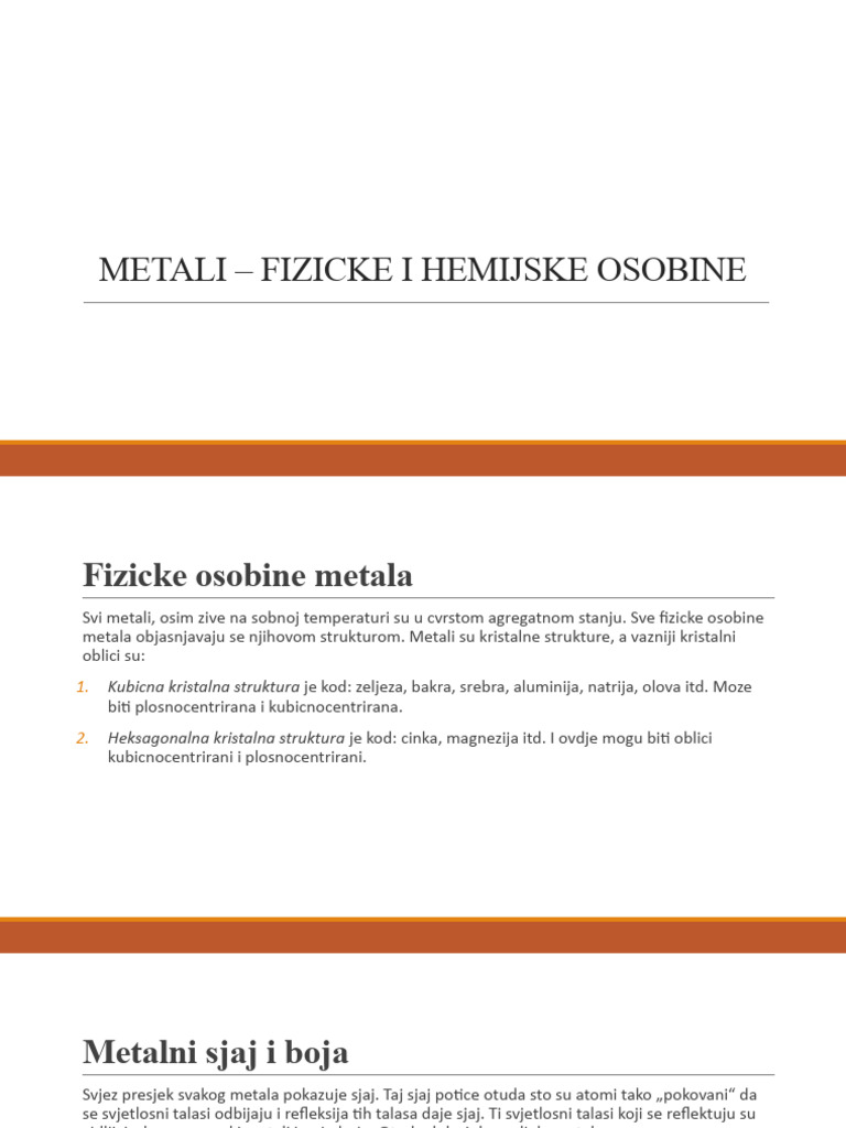 Metali - Fizicke I Hemijske Osobine | PDF