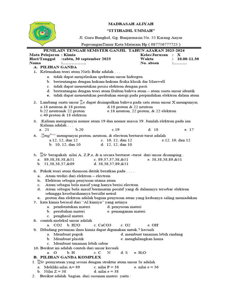 Soal Kimia Kelas X Semester Ganjil | PDF | Teknologi & Rekayasa
