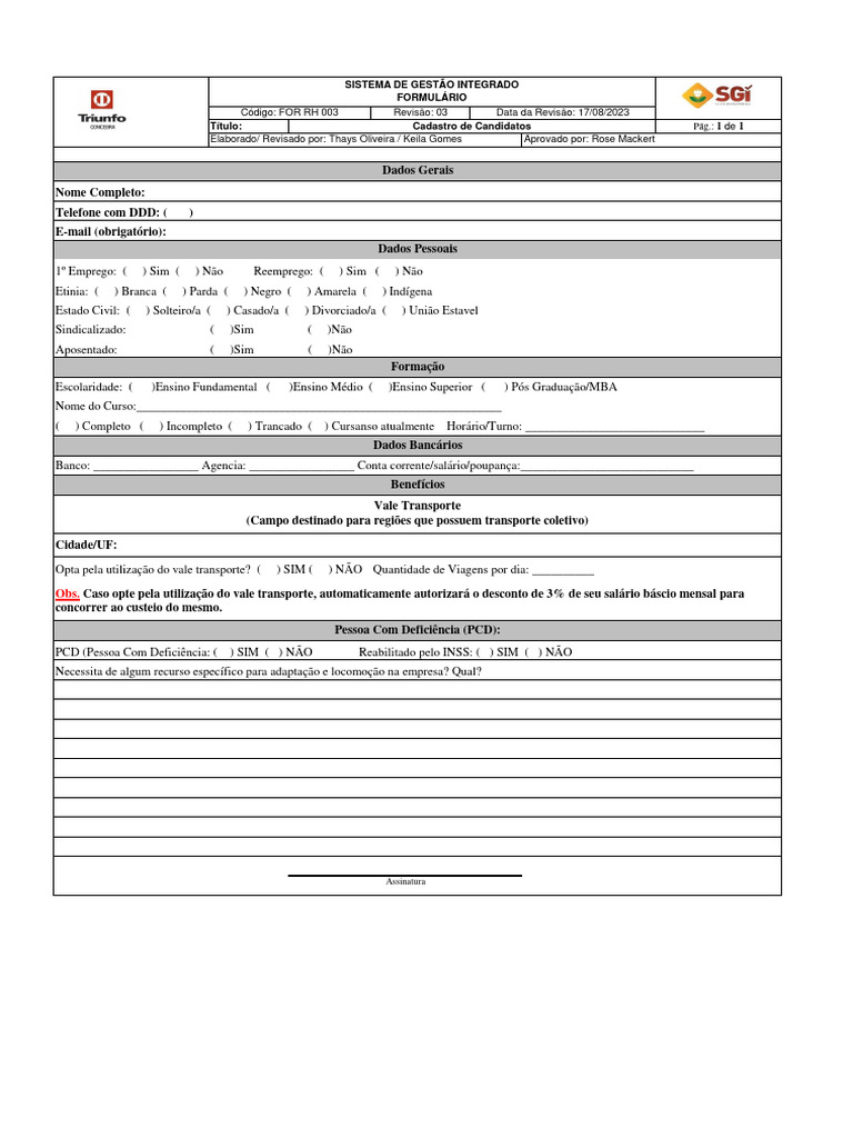 FOR RH 003 - Cadastro de Candidatos - Imprimir Preencher e Assinar | PDF | Economias