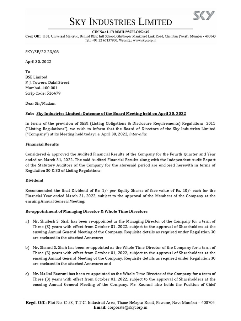 SE Intimation Revised Financials | PDF | Working Capital | Business