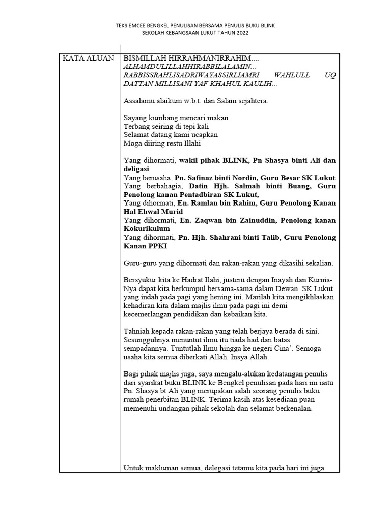 Teks Emcee Bengkel Nilam 2022 | PDF