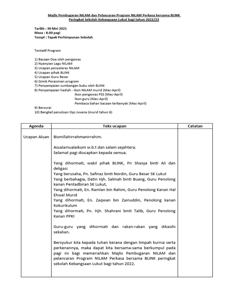 Teks Emcee Majlis Pembugaran NILAM Dan Pelancaran Program NILAM Edited ...