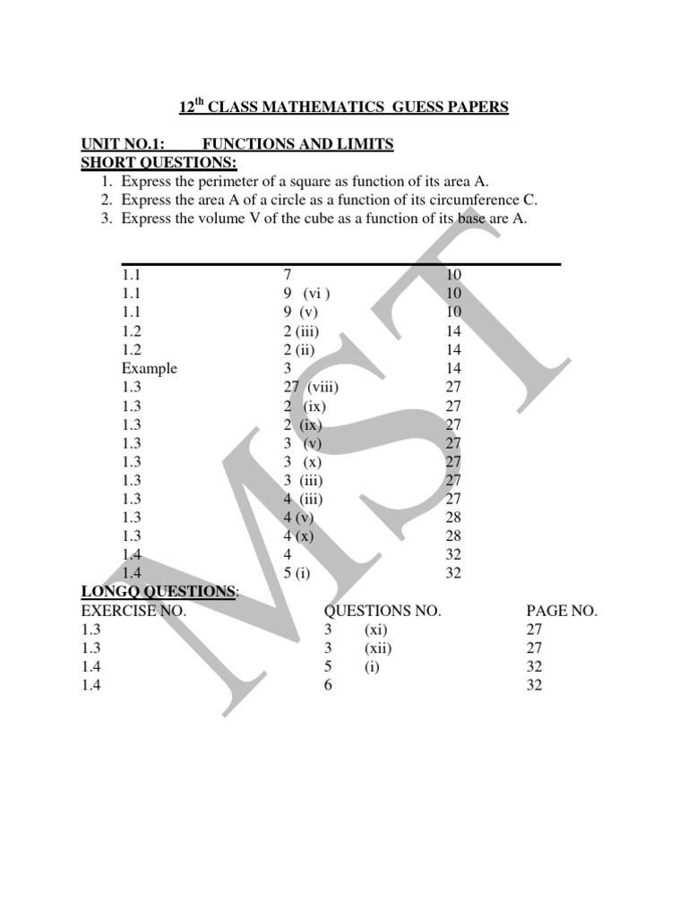 2ND Year Math Guess Paper | PDF | Area | Algebra