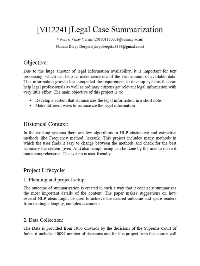 (VI12241) Legal Case Summarization | PDF | Artificial Intelligence | Intelligence (AI) & Semantics