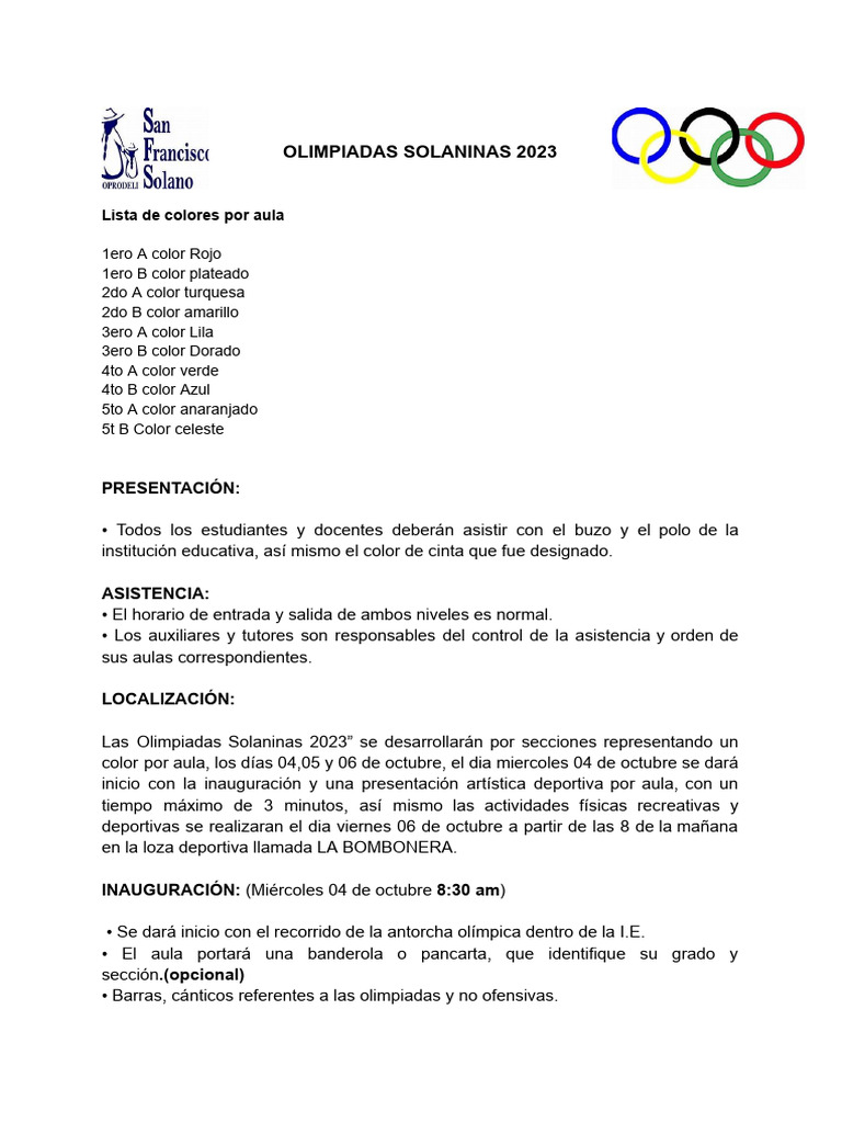Lista de Colores Olimpiadas 2023 | Descargar gratis PDF | Maestros