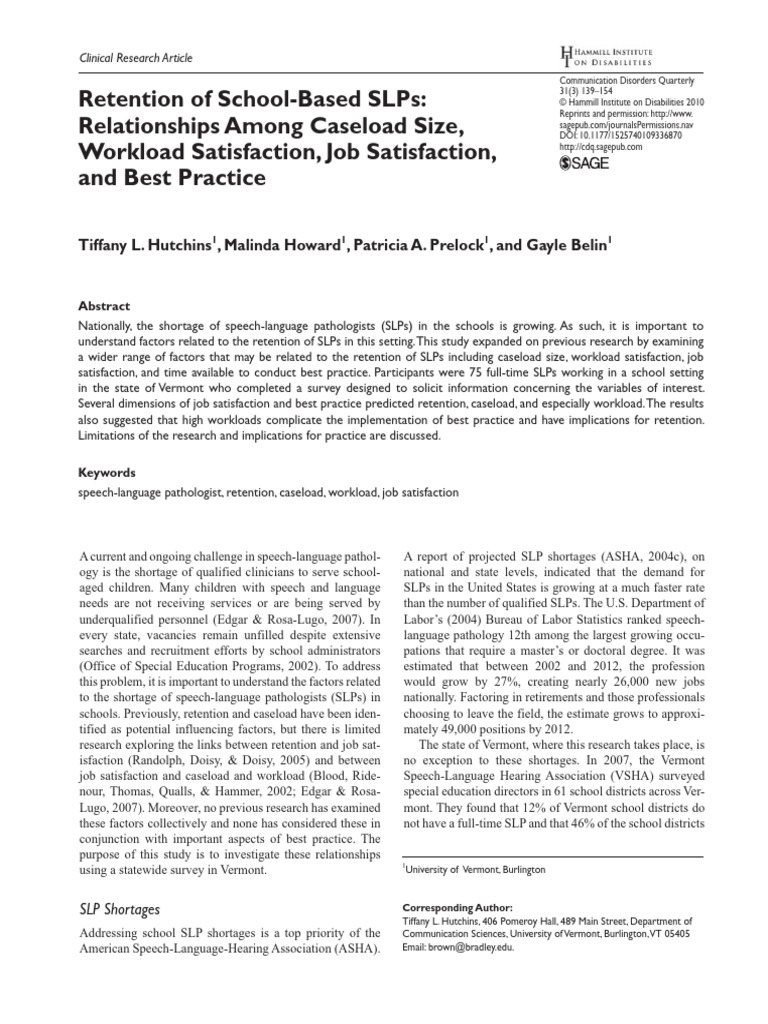 Hutchins Et Al 2009 Retention of School Based Slps Relationships Among ...
