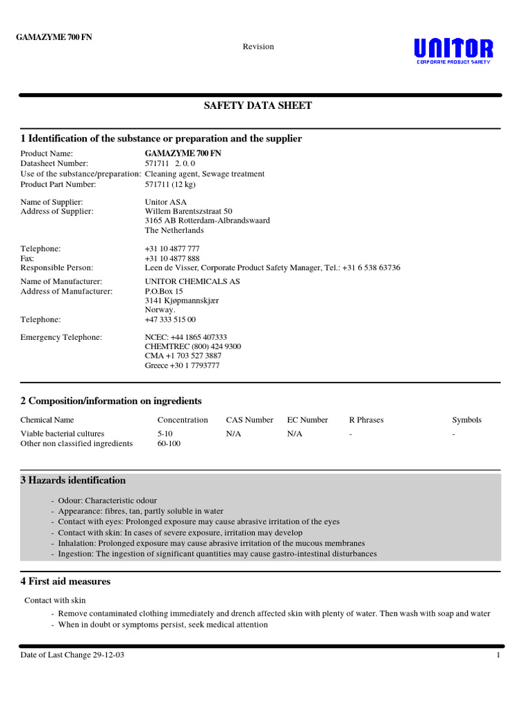 Gamazyme 700fn | PDF | Chemistry | Occupational Safety And Health
