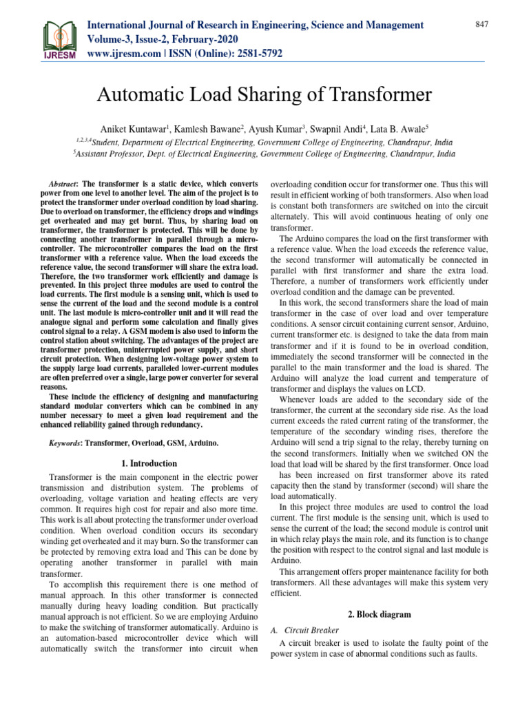 Automatic Load Sharing of Transformer | PDF | Transformer | Relay