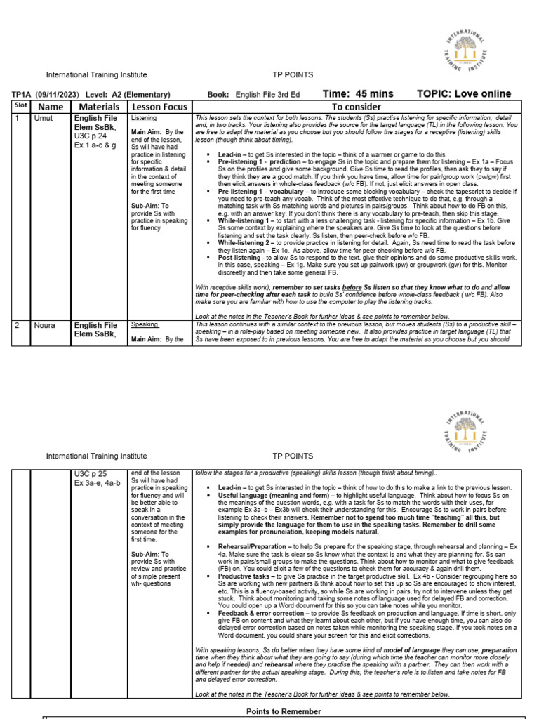 TP1A EnglishFile Elem | PDF | Fluency | Lesson Plan