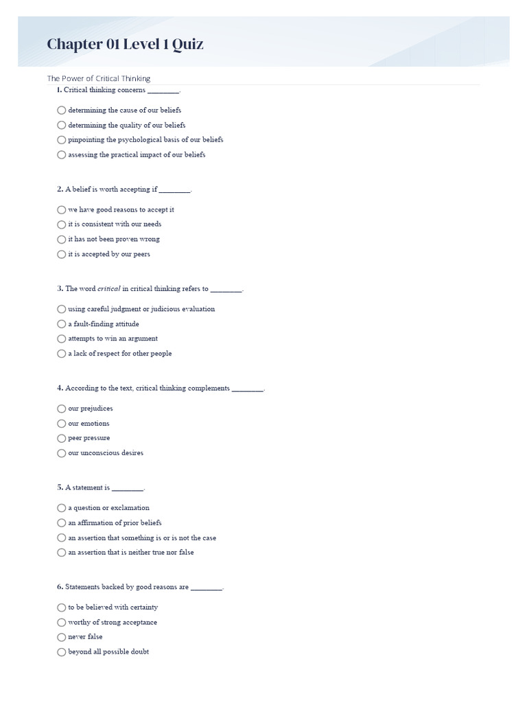 Chapter 1 Critical Thinking Quiz | PDF | Argument | Deductive Reasoning