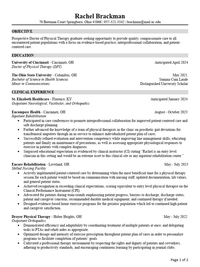 Rachel Brackman Resume | PDF | Physical Therapy | Patient