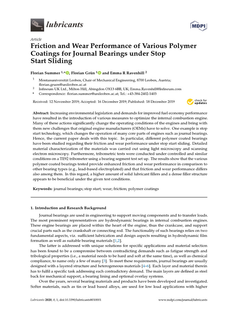 Friction and Wear Performance of Various Polymer Coatings For Journal Bearings Under Stop Start ...