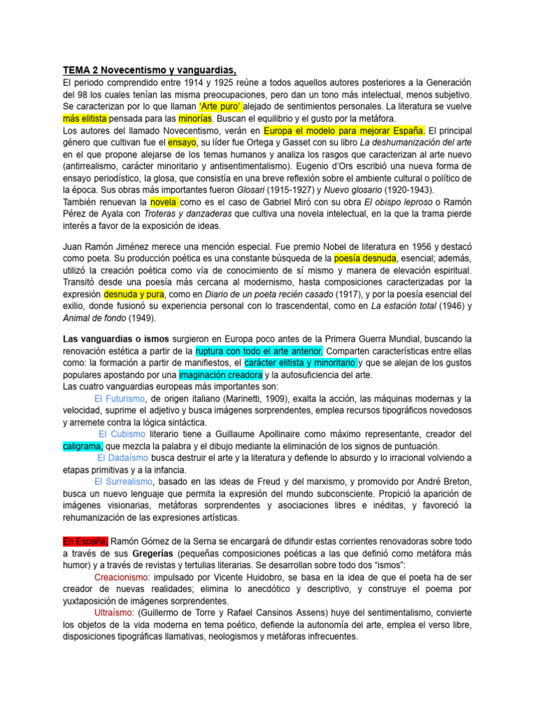 TEMA 2 Novecentismo y Vanguardias | PDF | Vanguardia | Ensayos