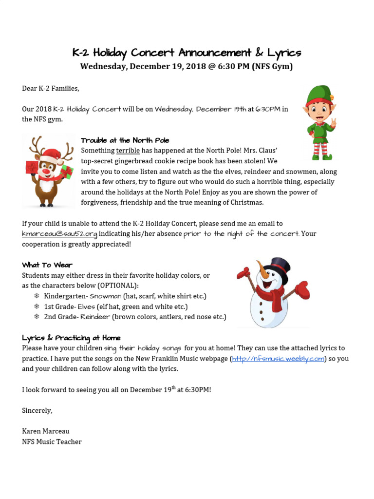 2018 K-2 Holiday Concert Announcement Lyrics | PDF | Santa Claus ...