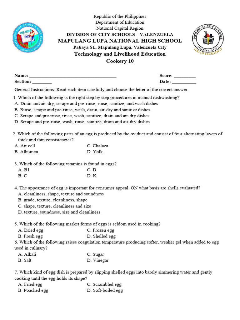 Diagnostic Test - Cookery 10 - 1ST Grading | PDF | Meat | Poultry