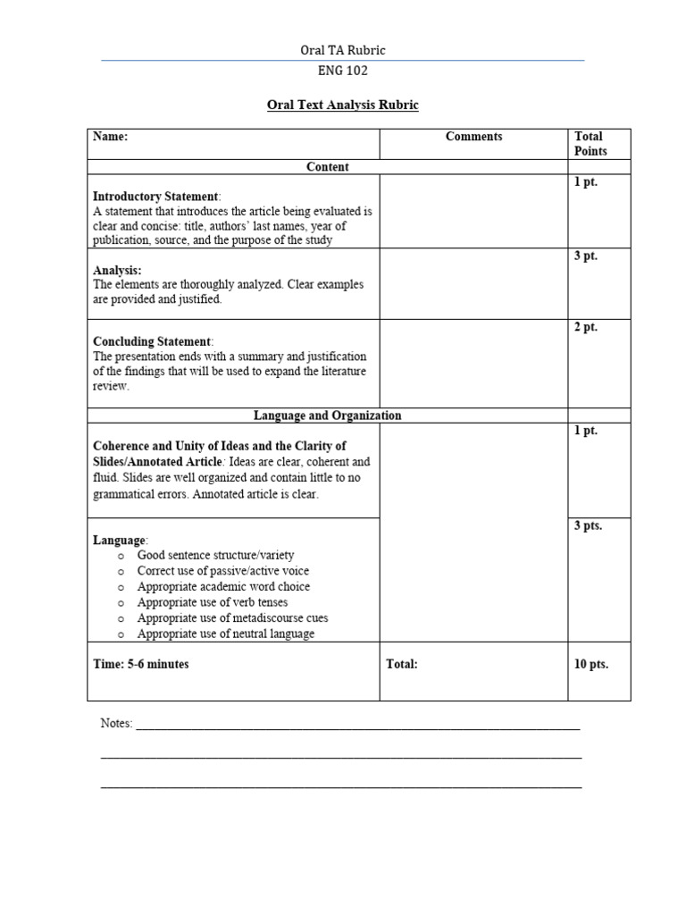 ENG 102 - Oral Text Analysis Rubric | PDF