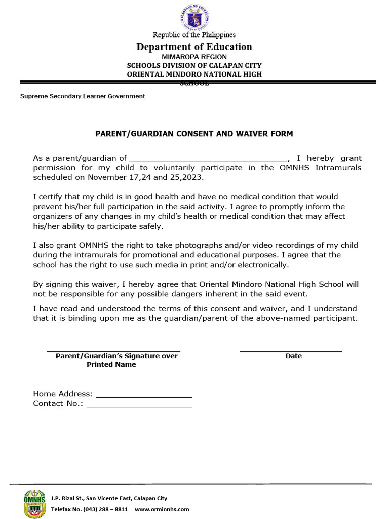 Parent Consent and Waiver Form Intramurals | PDF