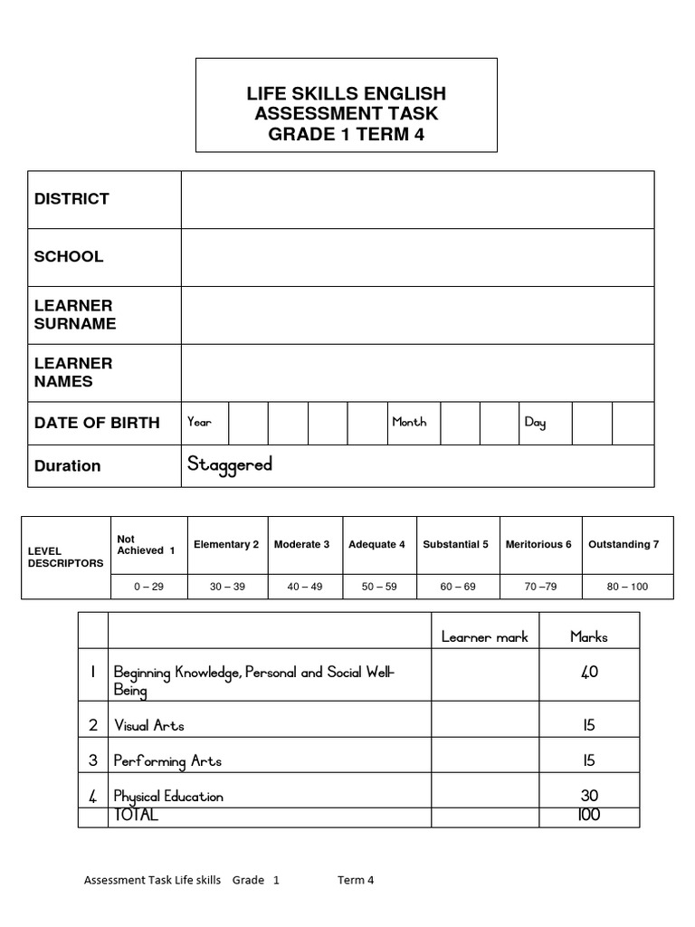 Life Skills English Assessment Task Grade 1 Term 4 2021 | PDF