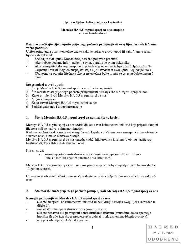 Meralys HA 05 MG ML Sprej Za Nos Otopina PIL Gx5nmzyit4 | PDF