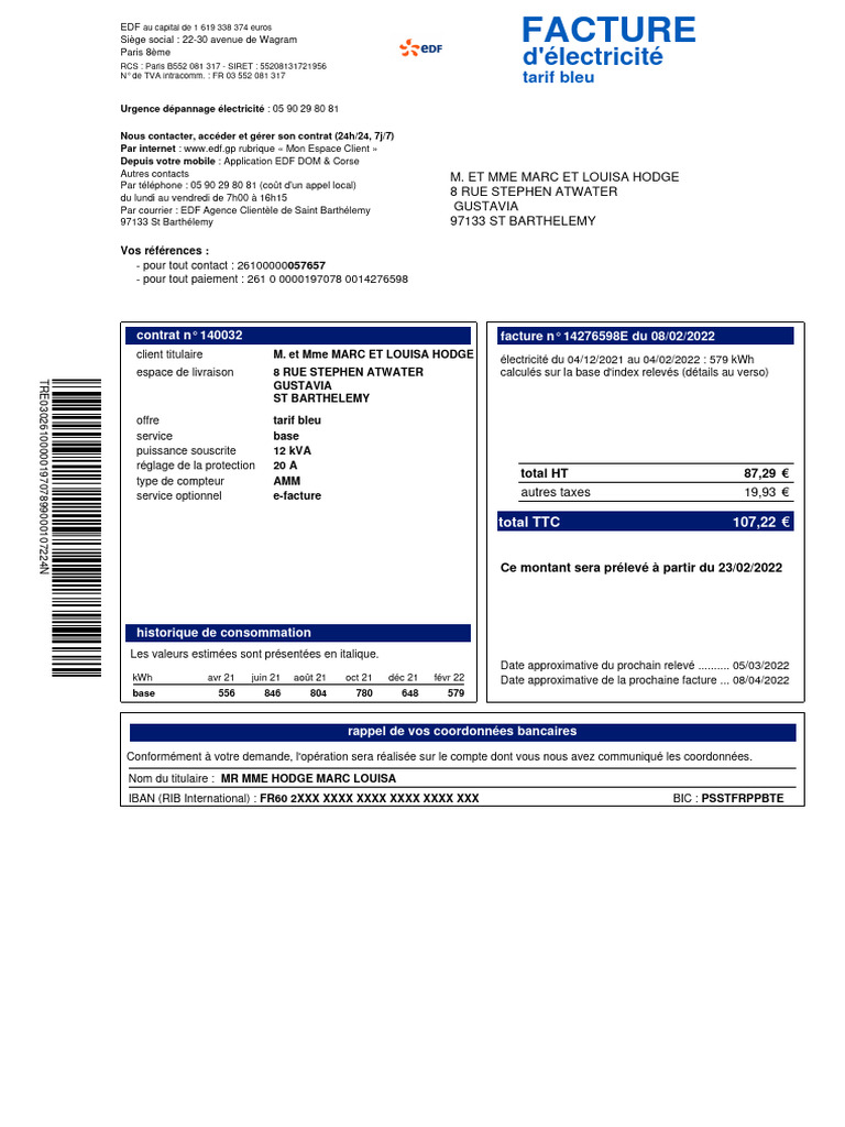 Facture EDF Saint-Barthélemy 2022 | PDF | Facture | Taxe sur la valeur ...