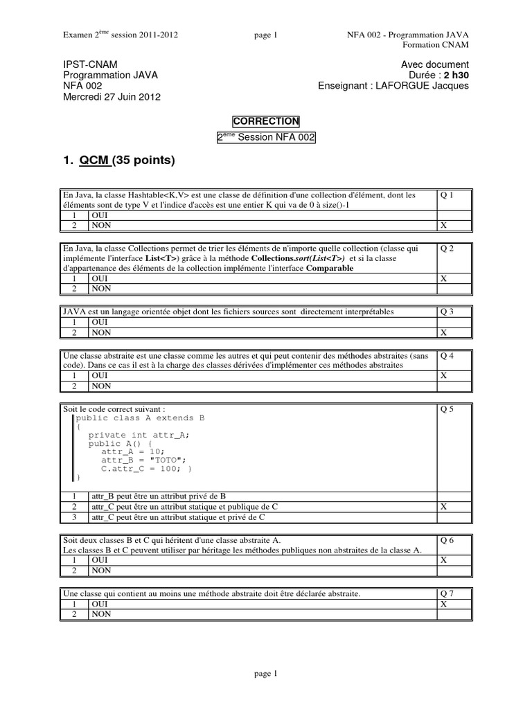 Examen NFA 002 Programmation JAVA 2012 | PDF | Classe (informatique ...