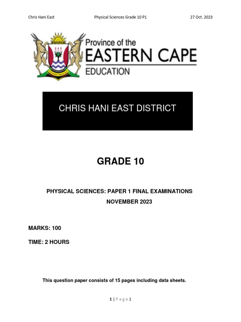 Grade 10 Paper 1 October 2023 | Download Free PDF | Electromagnetic ...