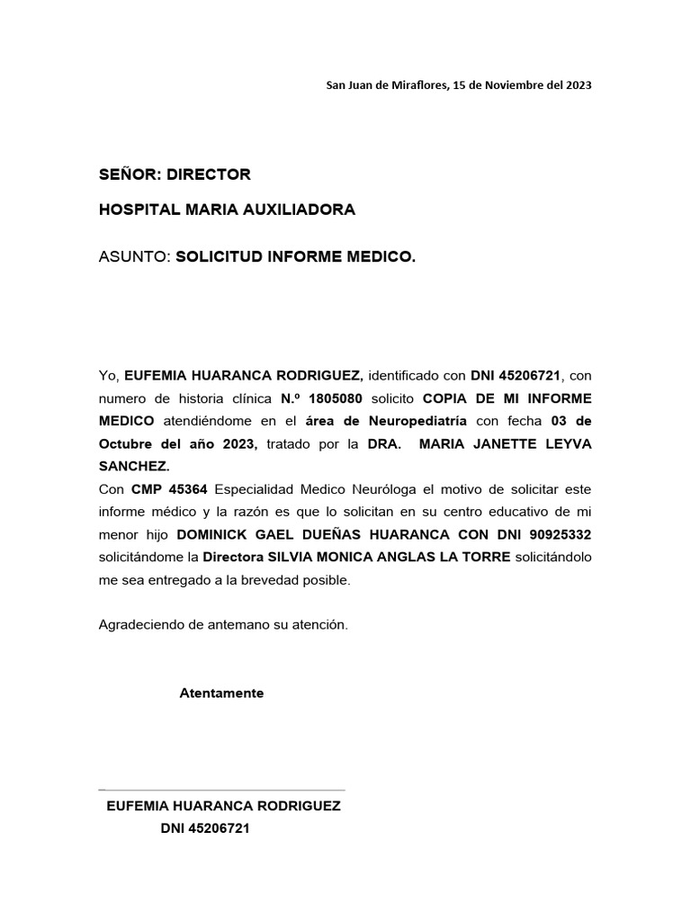 Historia Clinica Solicito - Informe Medico | PDF