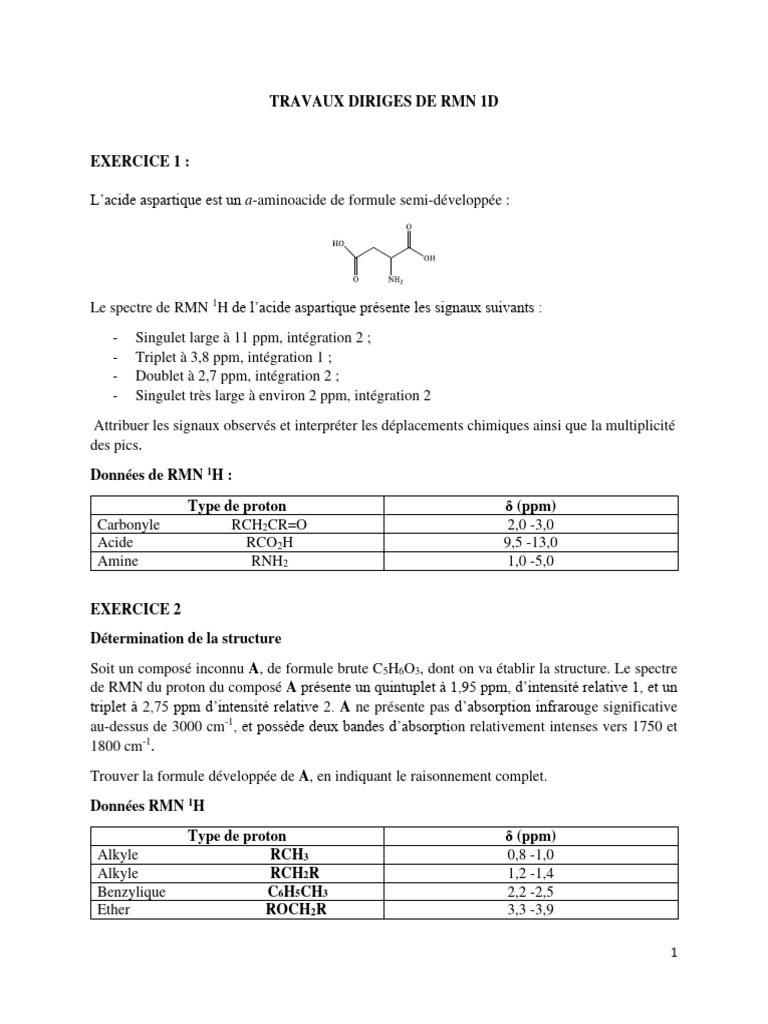 Travaux Dirigés RMN 1D et Exercices | PDF | Spectroscopie RMN ...