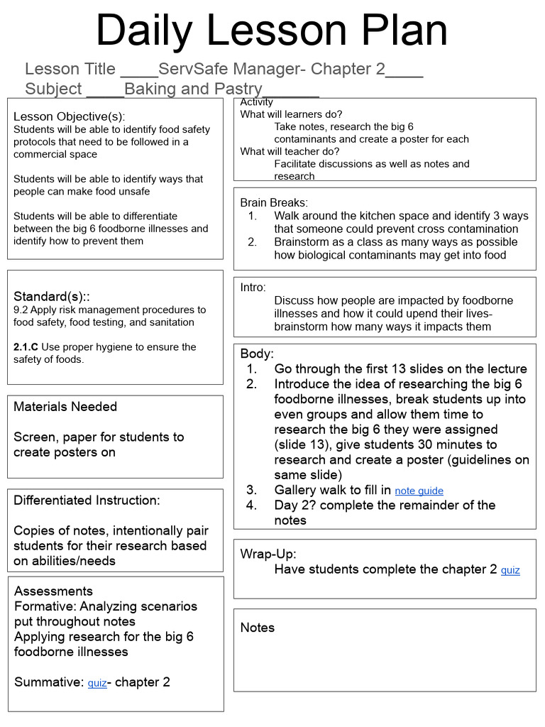 Servsafe Managers - Chapter 2-Lesson Plan 1 | PDF | Food Safety ...