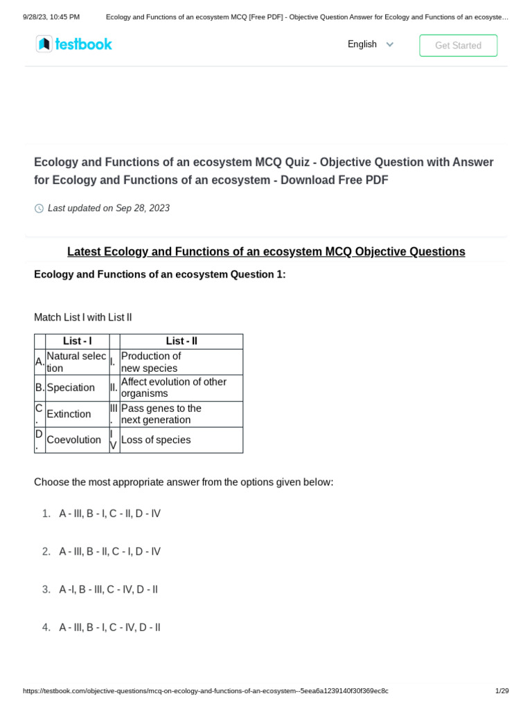 Ecology and Functions of An Ecosystem MCQ (Free PDF) - Objective ...