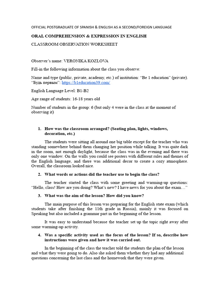 Classroom Observation Worksheet | PDF | Teachers | Classroom