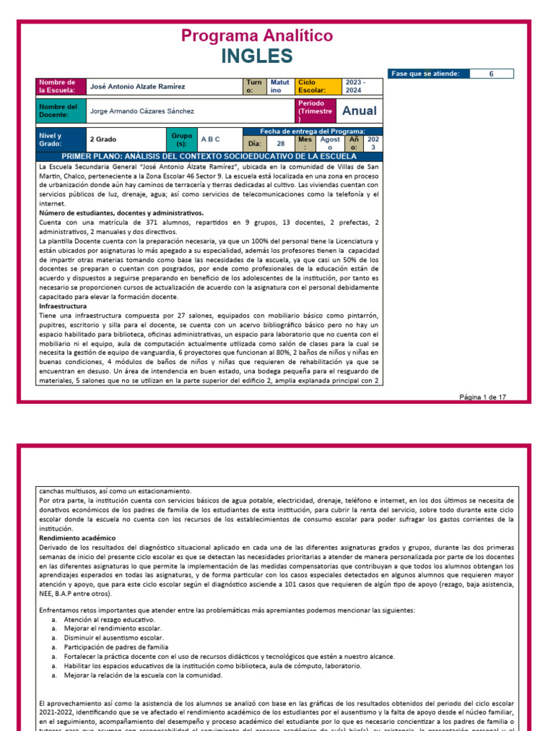 Programa Analitico Ingles 2 | PDF | Aprendizaje | Evaluación