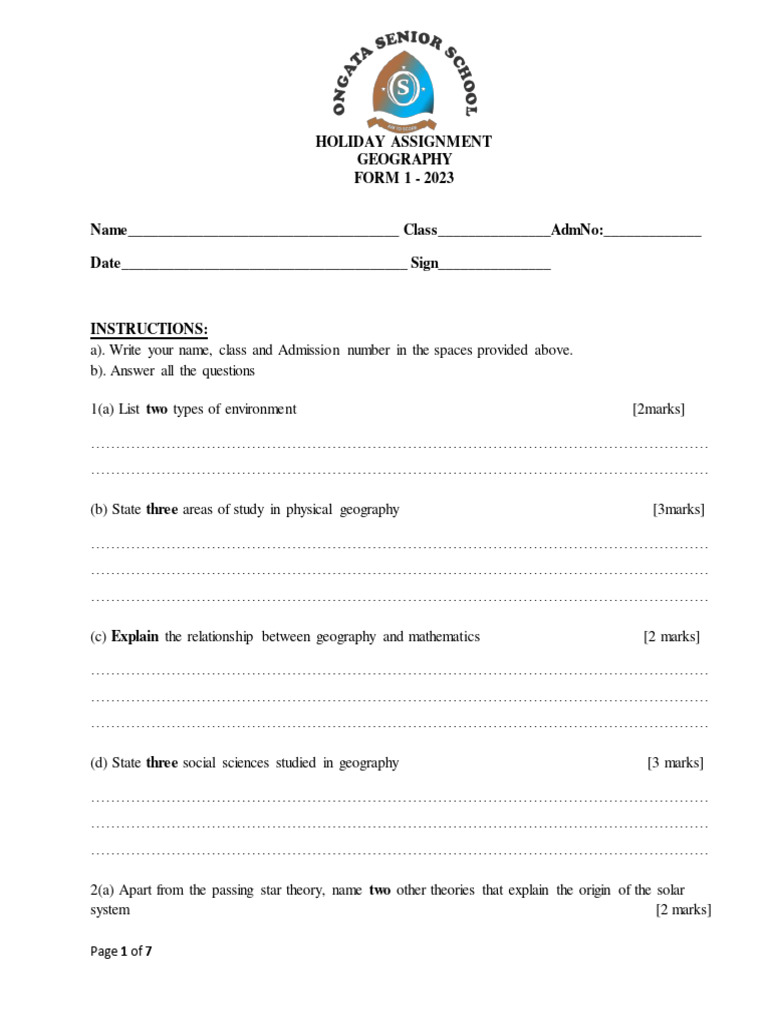HOLIDAY ASSIGNMENT 1 Assignments - Form 1 - Geography | PDF | Physical Sciences | Nature