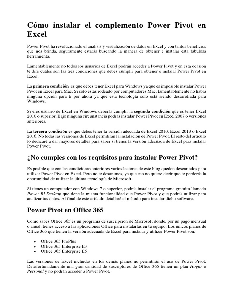 Cómo Instalar El Complemento Power Pivot en Excel | PDF | Microsoft Office | Microsoft Excel