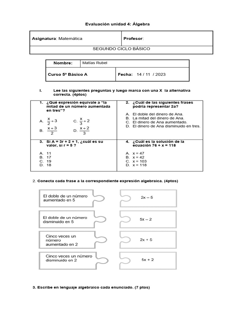 Evaluación Unidad 4 Algebra | PDF | Ecuaciones | Álgebra