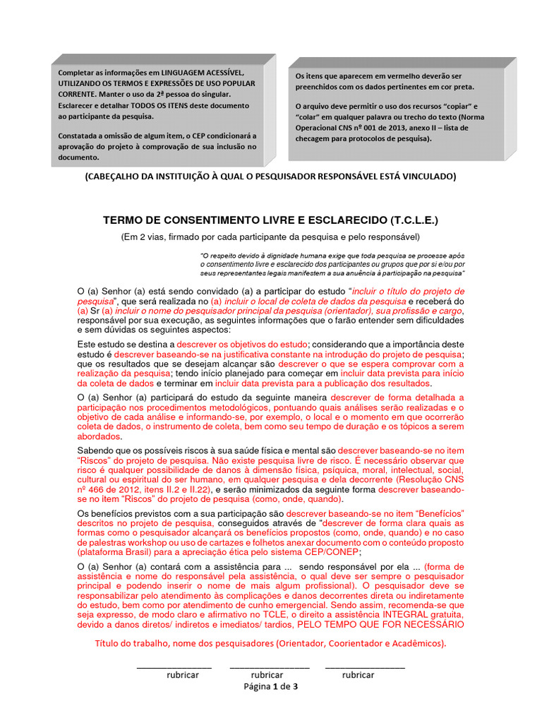 TCLE - Modelo Geral | PDF | Consentimento Livre e Esclarecido | Science