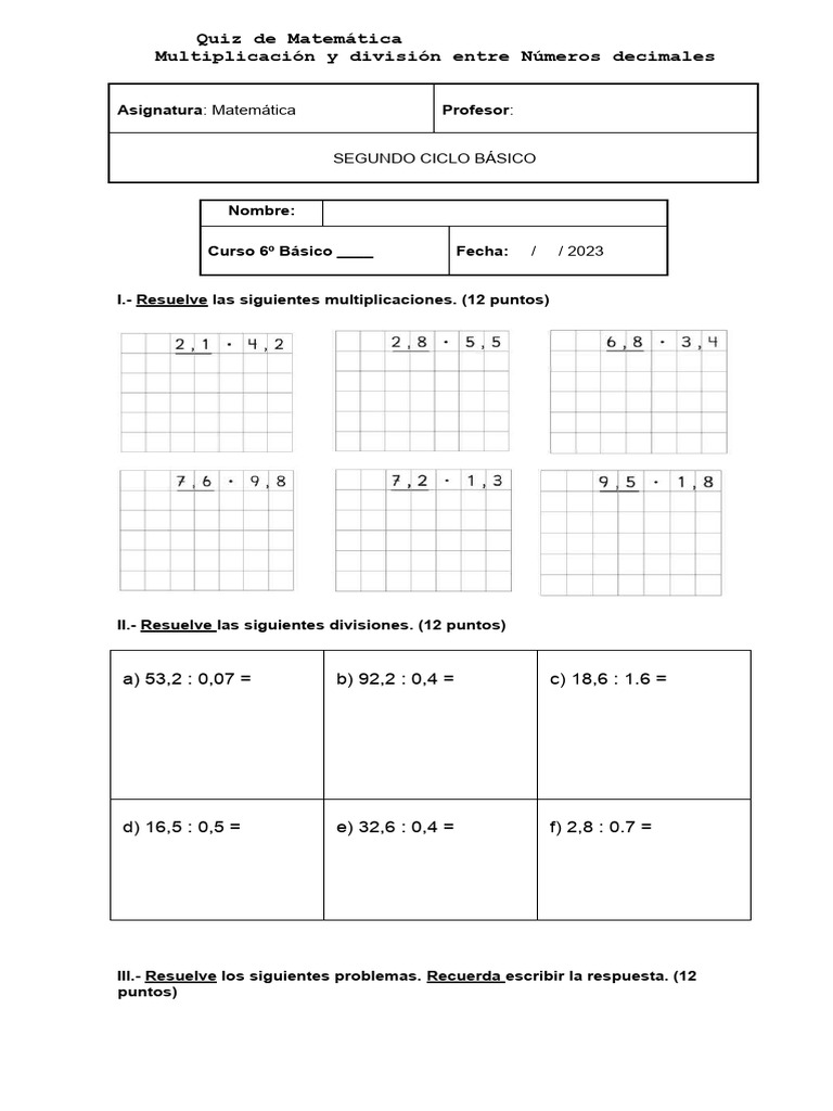 Quiz Multiplicación y División de Decimales | PDF | Arte