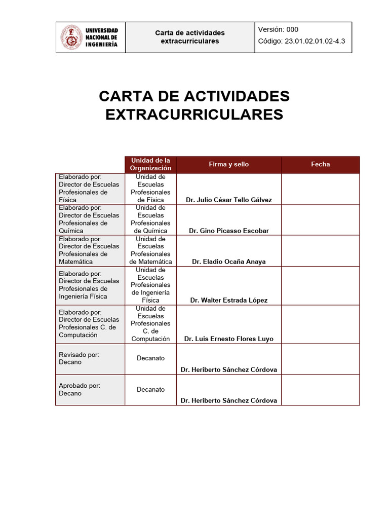 Carta de Actividades Extracurriculares | PDF