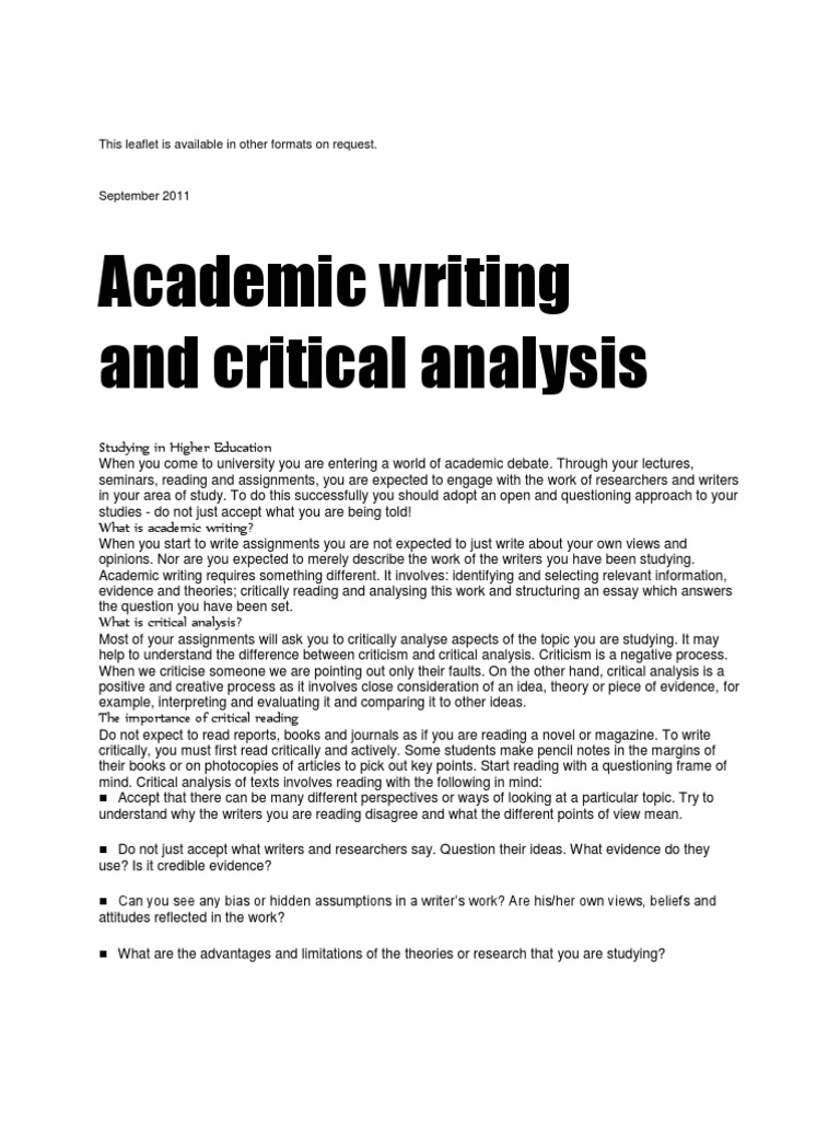 Academic Writing and Critical Analysis: Studying in Higher Education ...