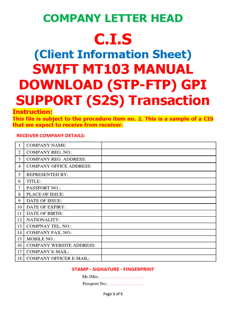 SWIFT MT103 Manual and Sample Guide | PDF | Business | Finance & Money ...