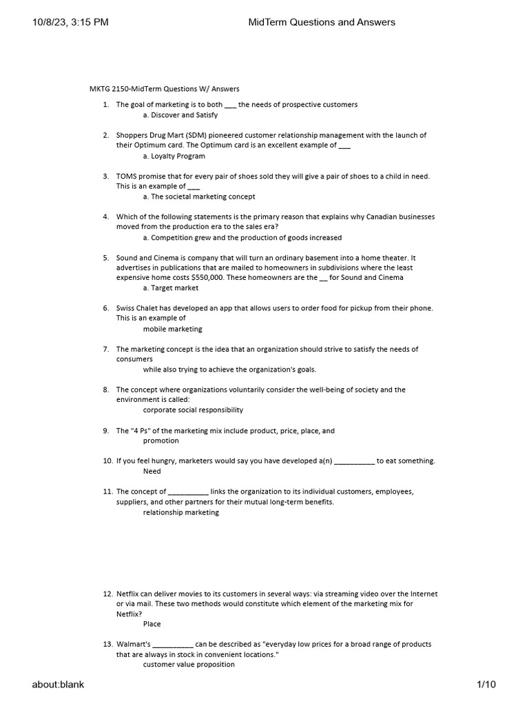 MidTerm Questions and Answers | PDF | Marketing | Market Segmentation
