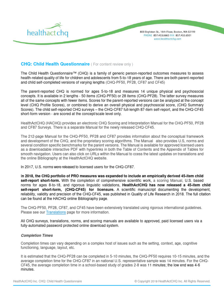 CHQ Overview | PDF | Self Report Study | Behavior