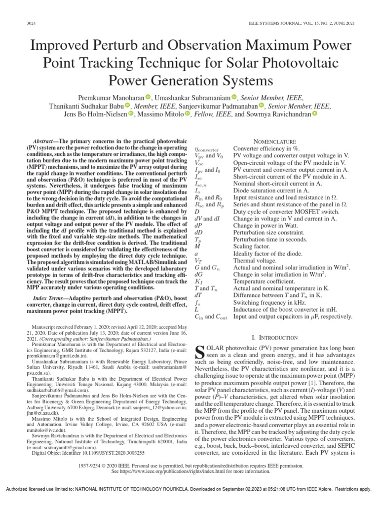 Improved Perturb and Observation Maximum Power Point Tracking Technique For Solar Photovoltaic ...
