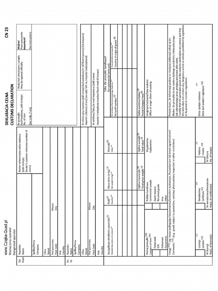 Deklaracja Celna CN23 Pol Ang Paczki Do Polski Anglii | PDF