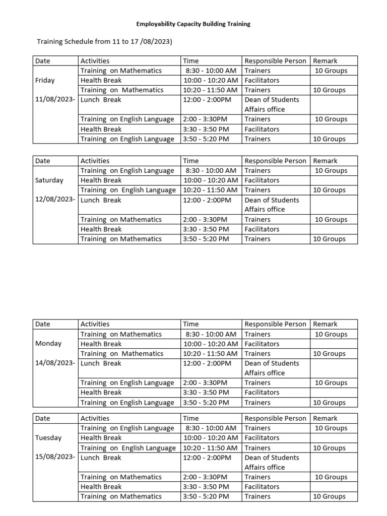 Trainig Schedule August 10 2023 | PDF | Wellness